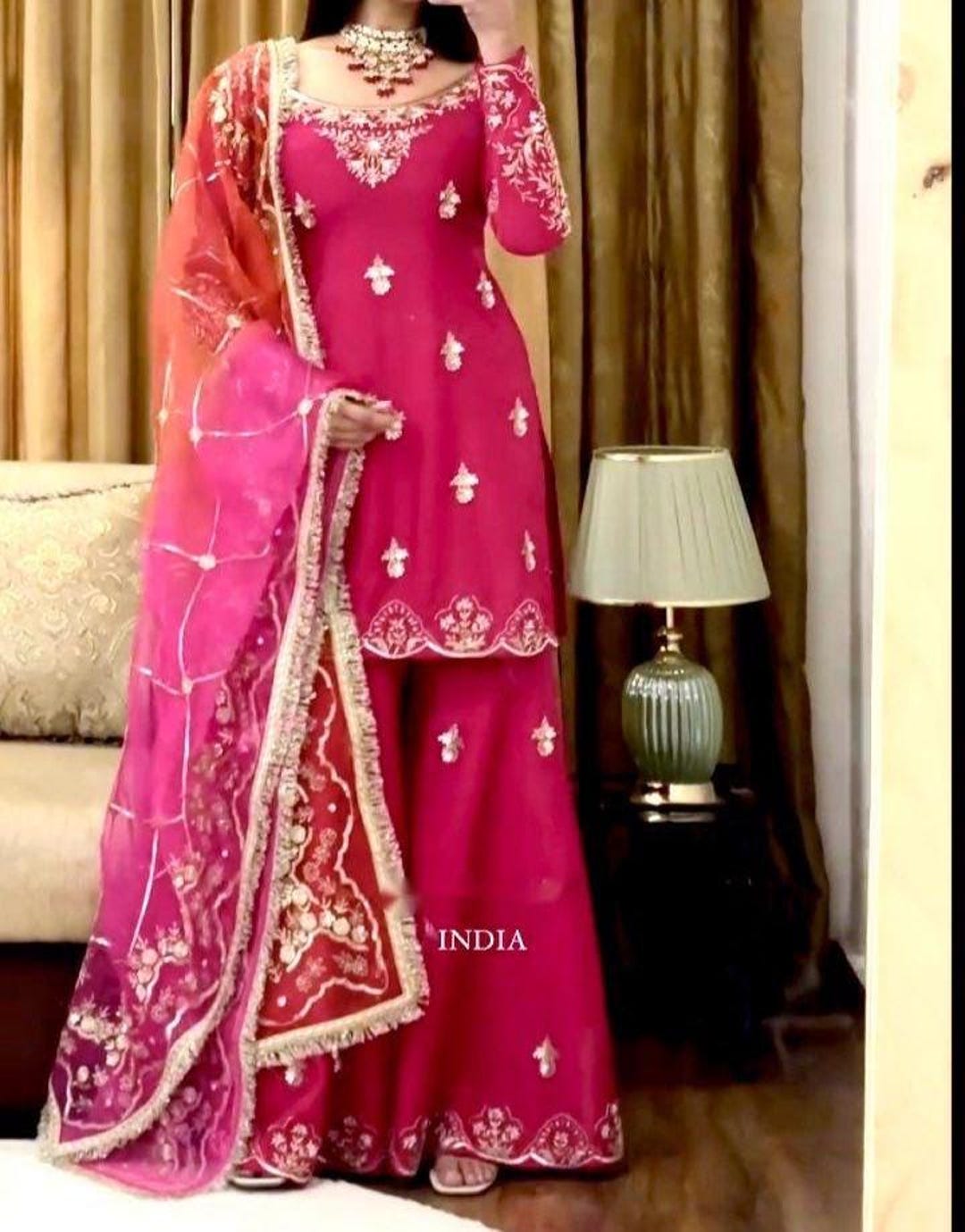 Pink Embroidered Cinon Silk Sharara Suit: Pakistani Party Dress - Etsy