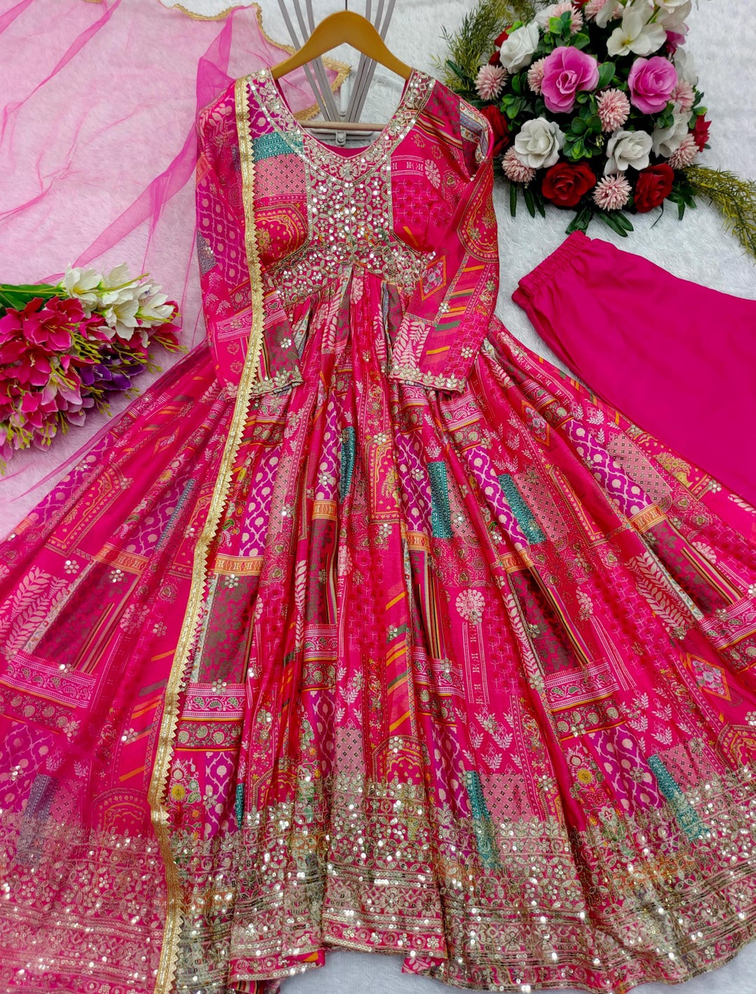 Pink Cinon Silk Anarkali Kurti Set: Embroidered Wedding Party Dress ...