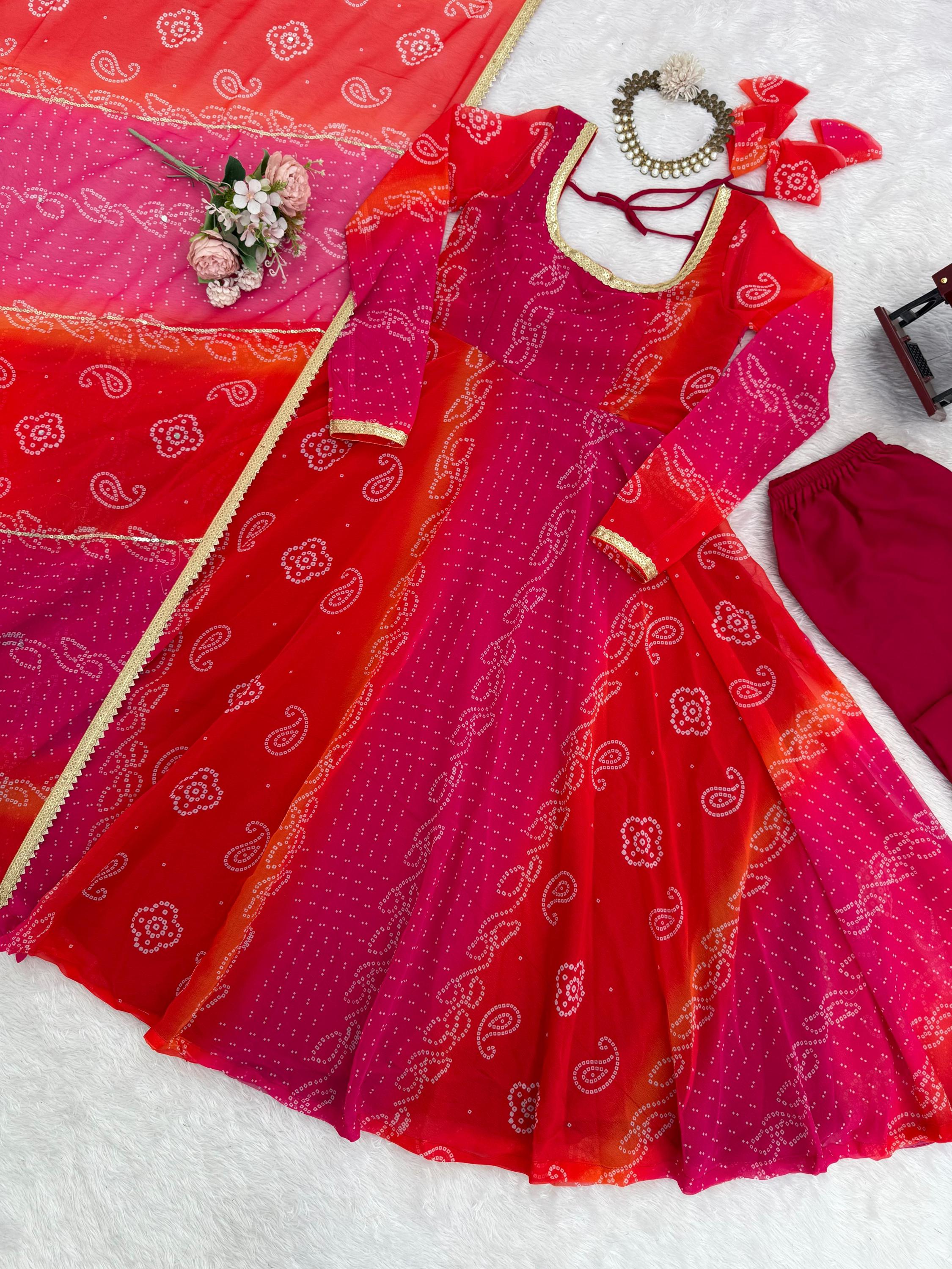 Bandhani Anarkali Gown: Pink Georgette Dress With Embroidery - Etsy