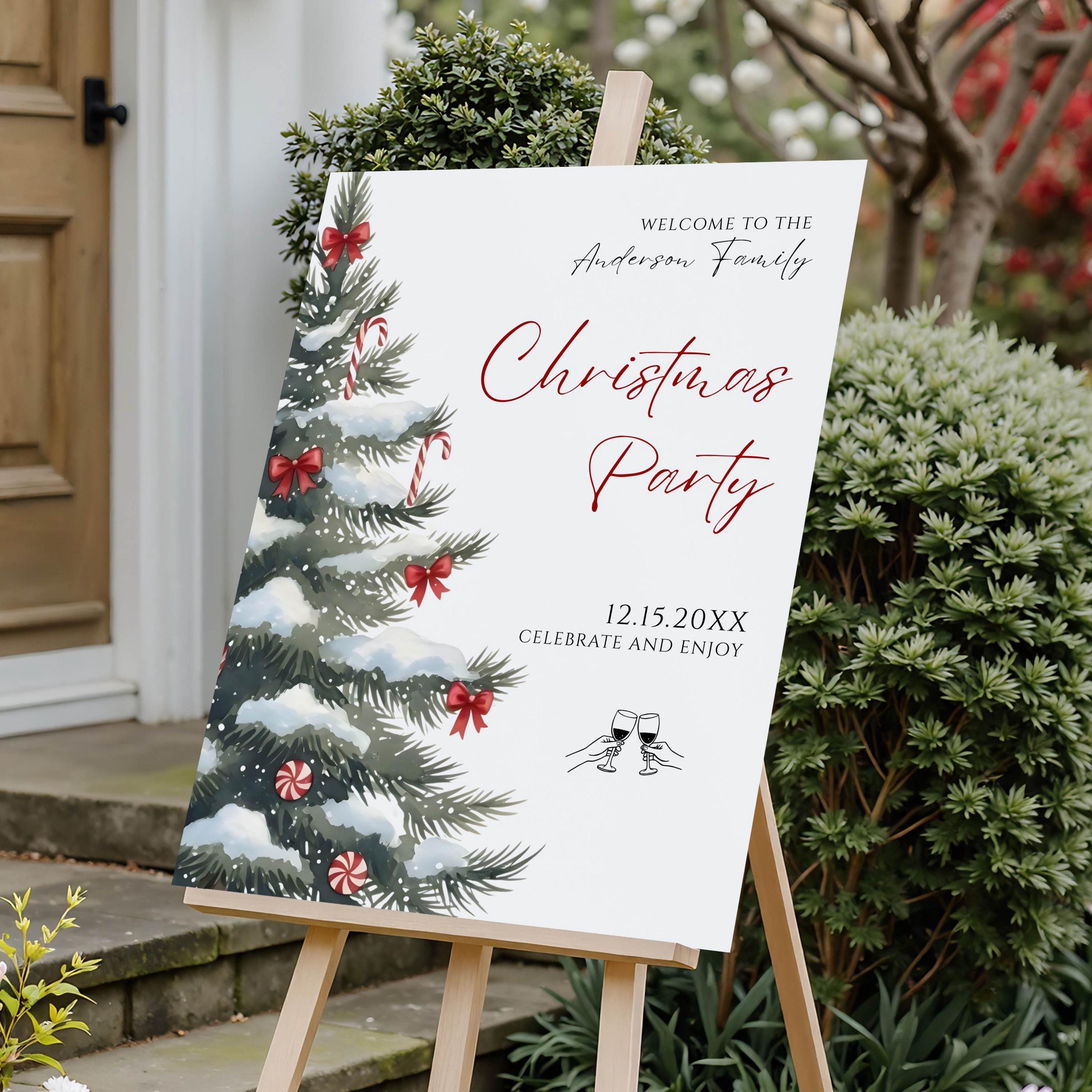 Editable Christmas Party Welcome Sign, Festive Winter Tree (editable ...