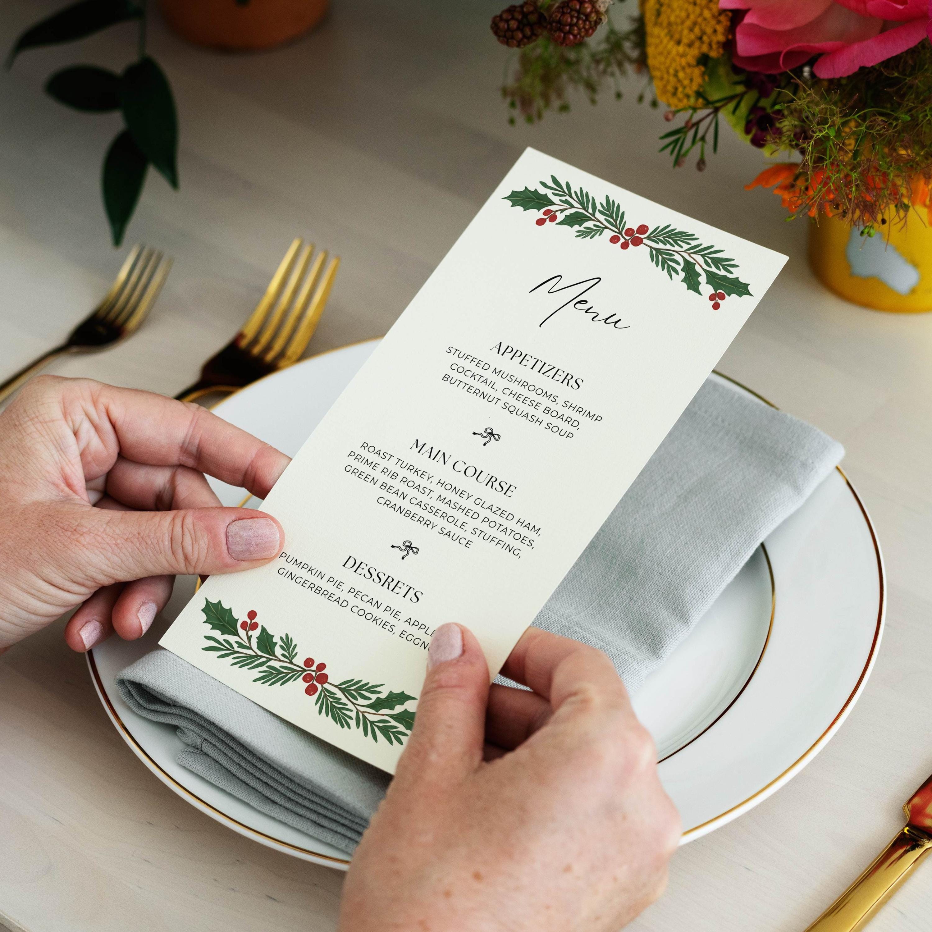 Watercolor Holly Christmas Dinner Menu Template (editable Canva ...