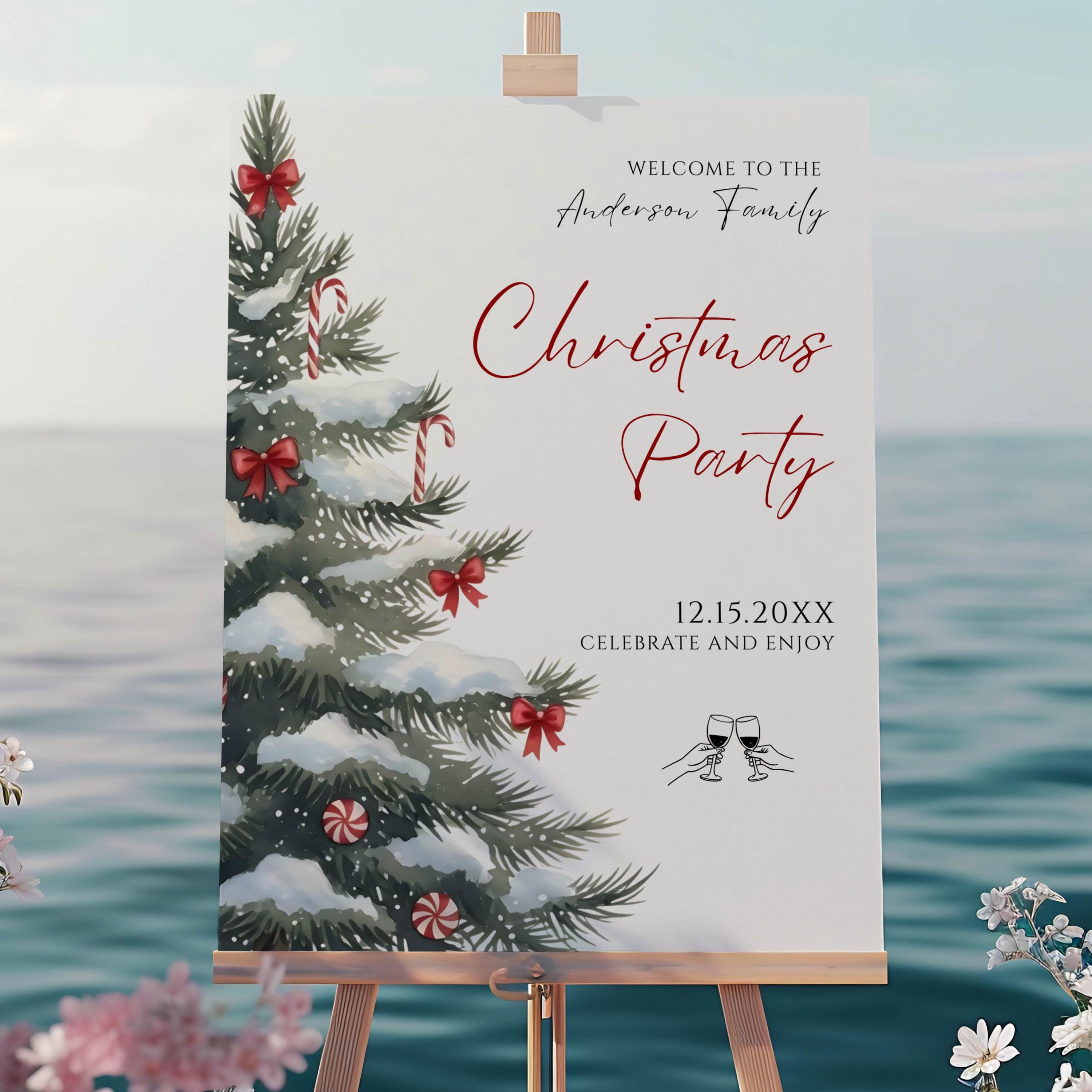 Editable Christmas Party Welcome Sign, Festive Winter Tree (editable ...