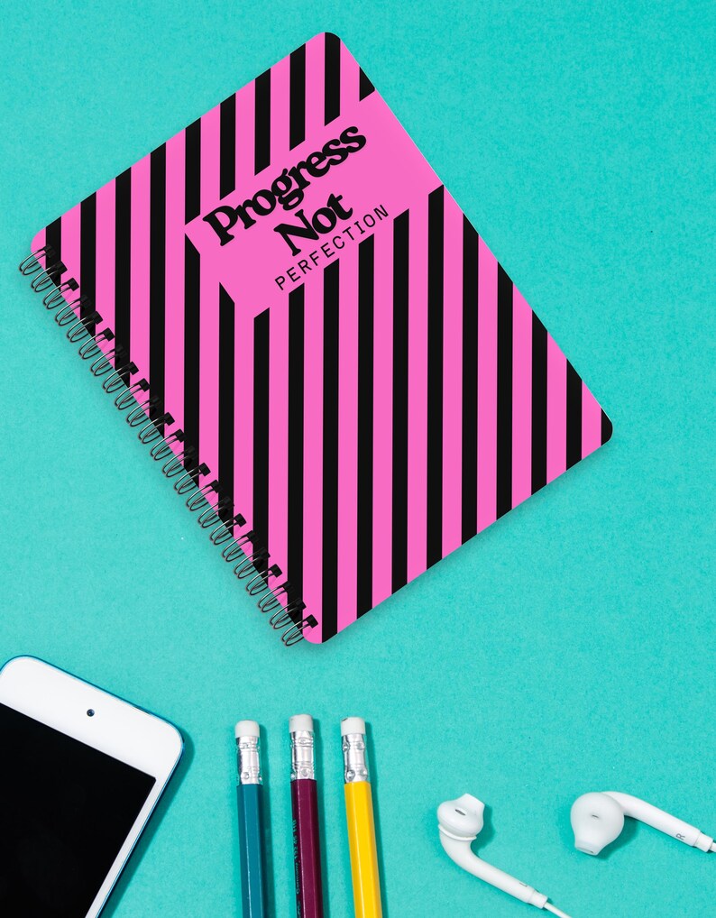 Inspirational Spiral Notebook: Pink Stripe Design - Progress Not ...