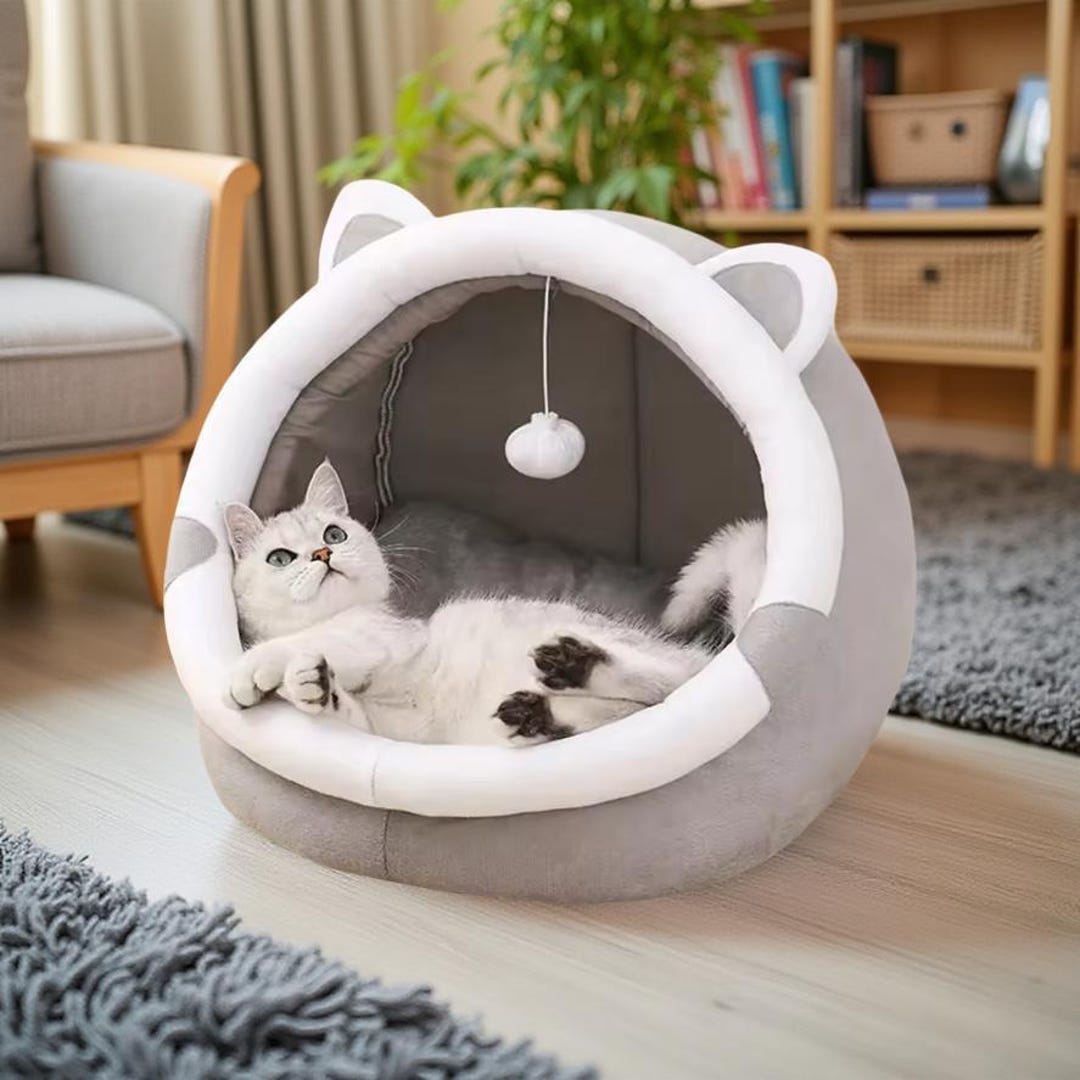 Cozy Cat Cave Bed With Ears | Plush Enclosed Pet Tent for Cats & Small ...