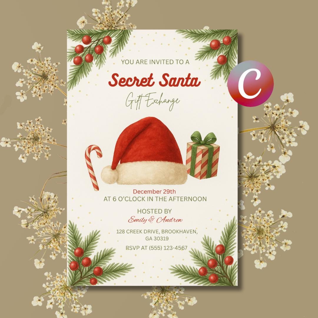 Secret Santa Invite Editable Christmas Party Card Winter Holiday ...