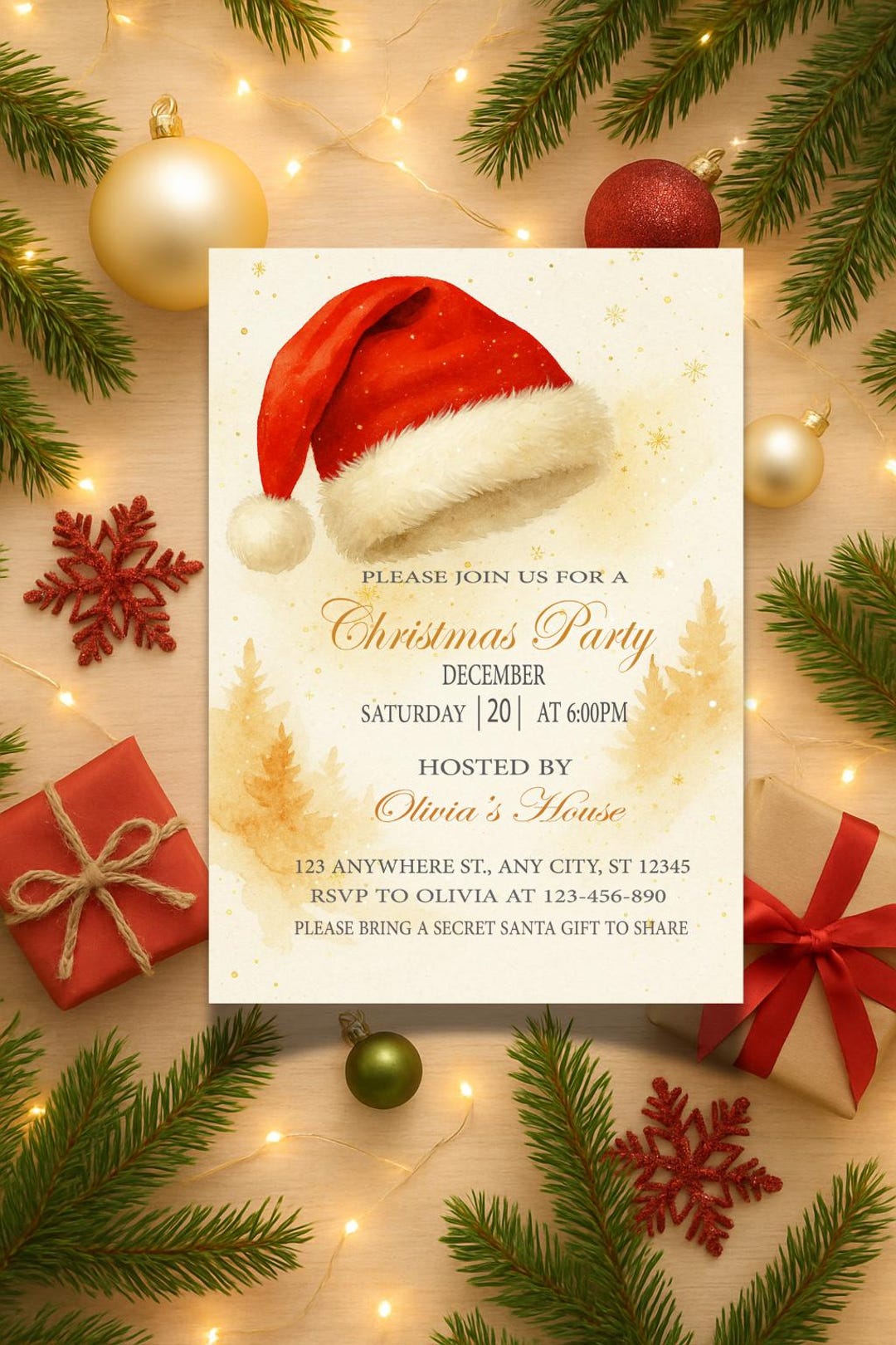 Editable Christmas Party Invitation Template Santa Hat Holiday Invite ...