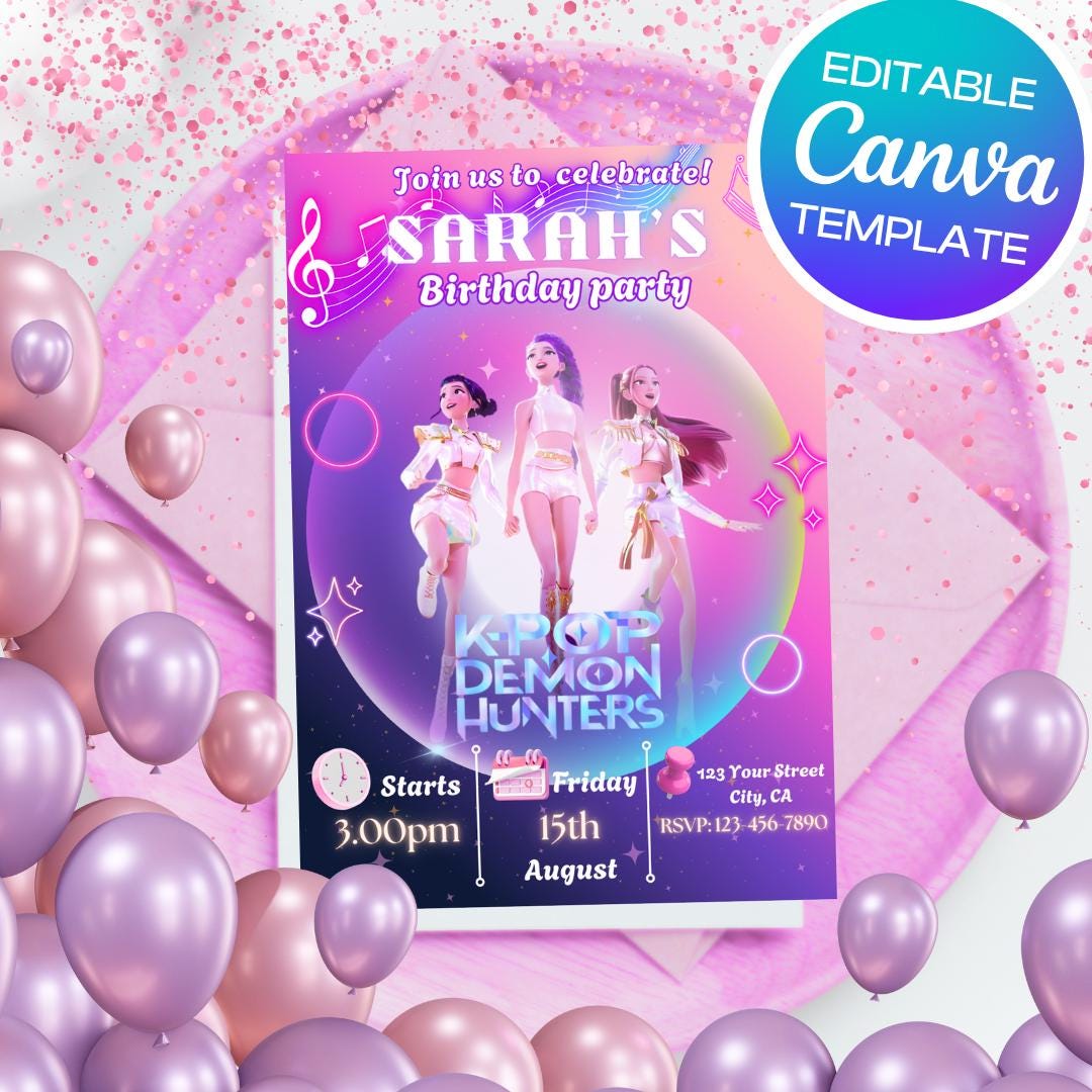 Kpop Demon Hunter Birthday Invitation for Girls Editable Canva Template ...