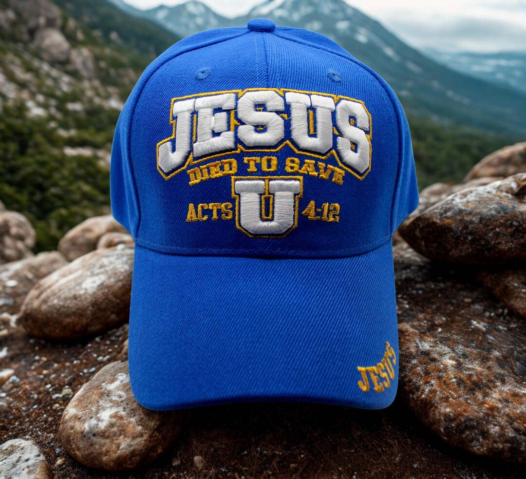 Jesus Died to Save U Hat. Light Blue Christian Baseball Cap – Acts 4:12 ...