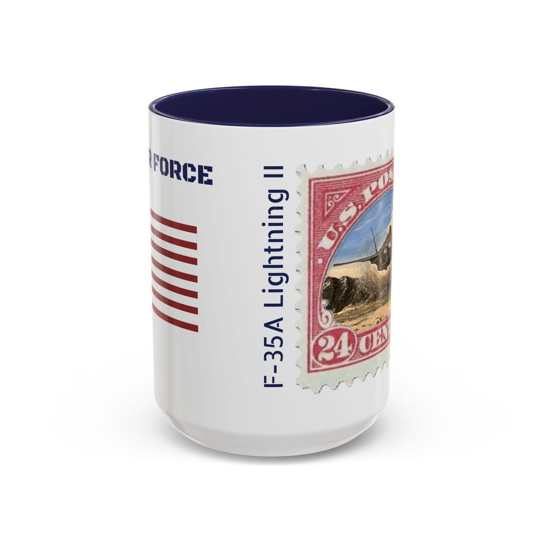 Mug, Retro Air Force F-35A Aviation Art Coffee Cup, Postage Stamp Style ...