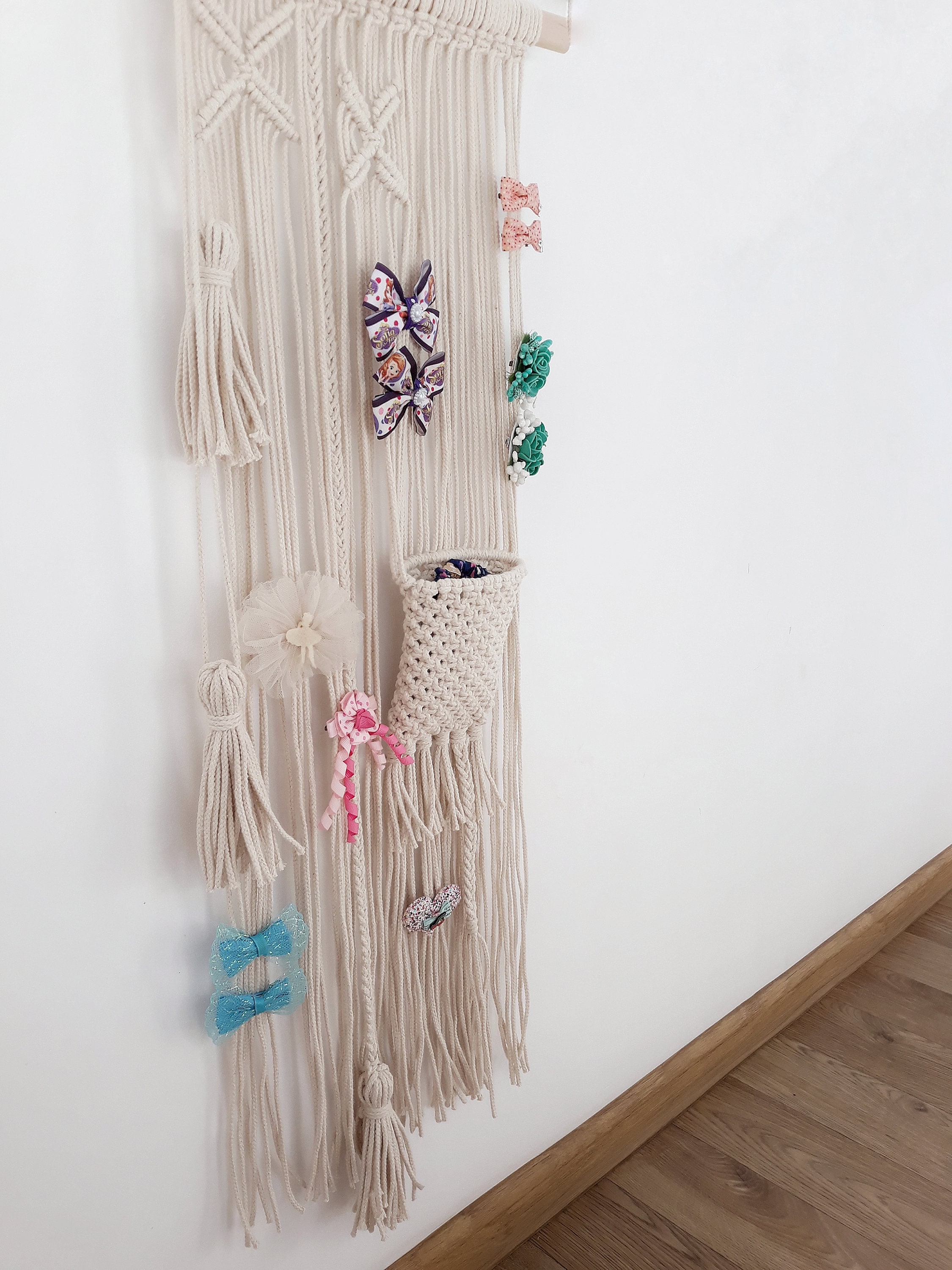 Macrame Hair Bow Holder Girl's Bows Wall Organizer Hair Clips Hanger ...