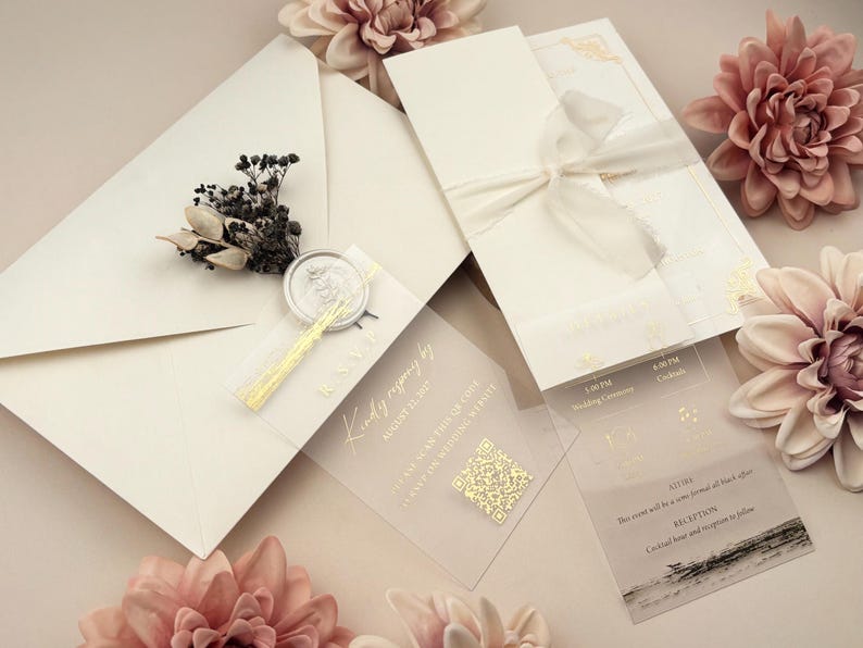 Gold Foil Acrylic Wedding Invitation Set: Dried Flowers & Wax Seal ...