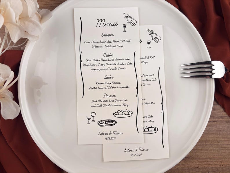 Rustic Wedding Menu Card, Elegant Ivory Paper, Hand Drawn Menu, Dinner ...