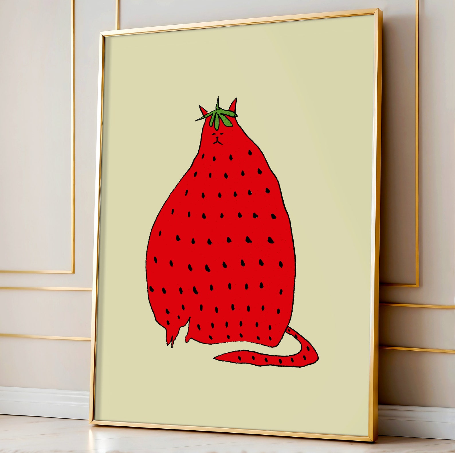 Strawberry Cat, Art Print, Home Decor, Fruit Illustration, Wall ...