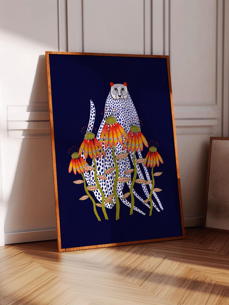 Snow Cheetah Art Print: Golden Flowers, Whimsical Animal Decor - Etsy