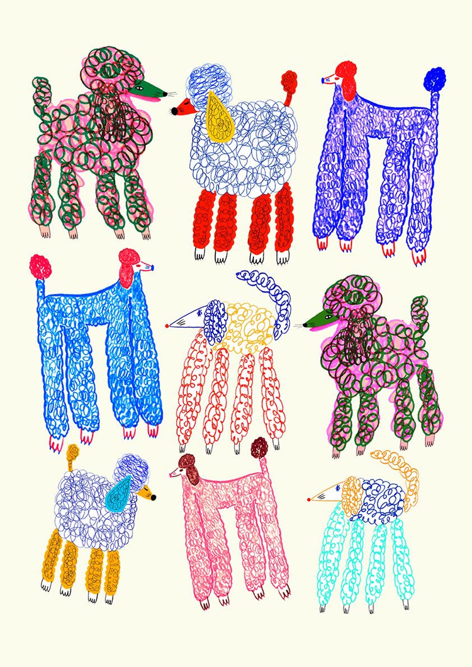 Colorful Poodles, Art Print, Home Decor, Dog Wall Illustration, Gift ...