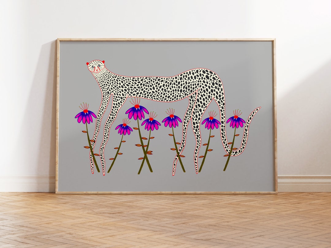 Snow Cheetah and Purple Flowers Art Print Beautiful Flower Kitchen ...