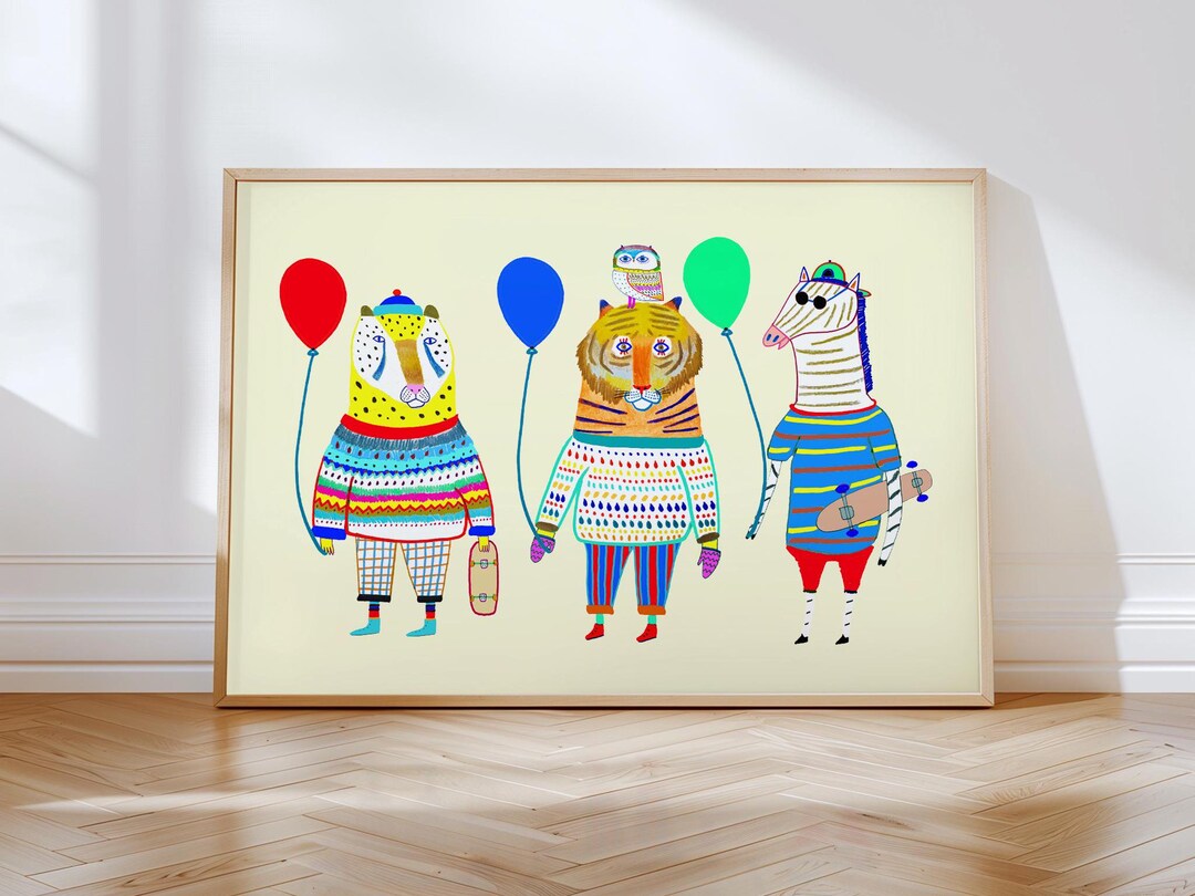 Animal Balloon Art Print, Cute and Colorful Wall Decor, Gift for Boys ...