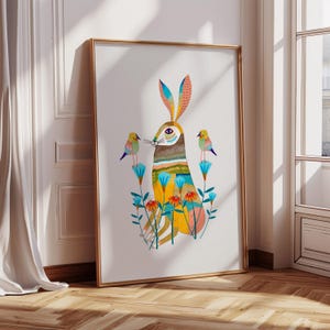 Pretty Hare Art Print for Home Decor - Rabbit Illustration Wall Artwork ...