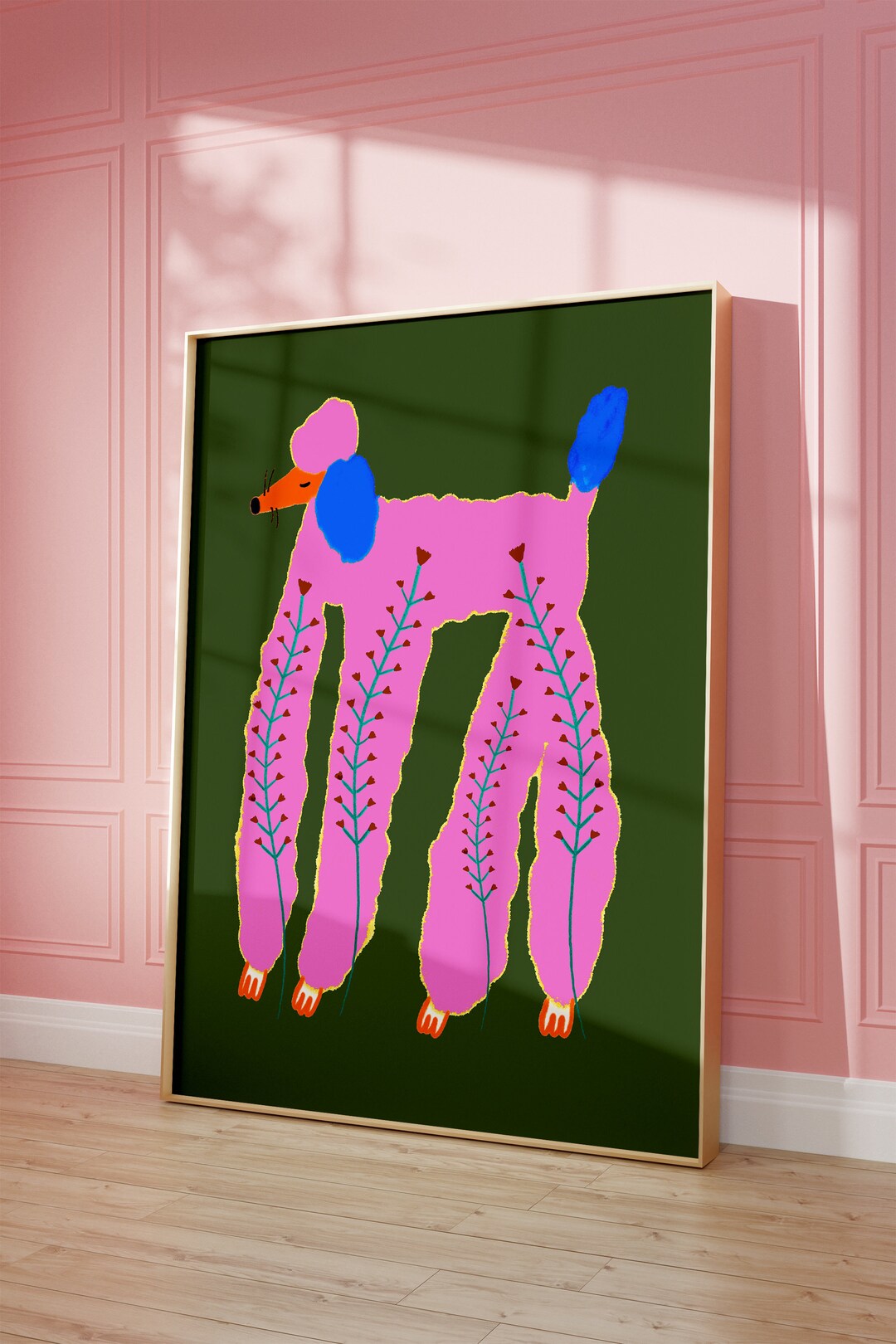 Poodle and Plants Art Print for Her Pretty Pink Dog Illustration Wall ...