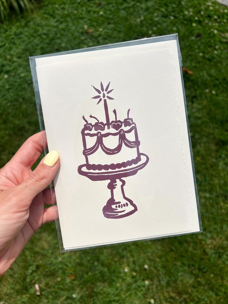 Happy Birthday Cake Greeting Card | Handmade Block Print | Linocut (A7 ...