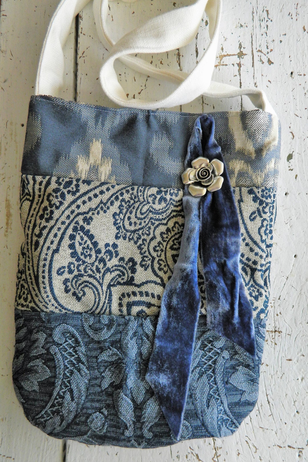 Blue Fabric Crossbody Bag Handmade Fabric Purse Upcycled Upholstery ...