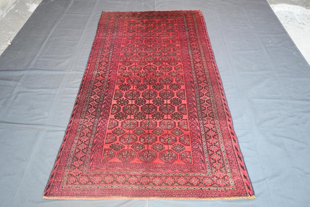 4'1 X 7'4 Ft Turkmen Mowry Gul Vintage Rug , Afghan Reddish Black Wool ...