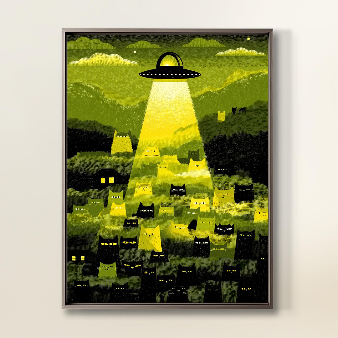 Cat Abduction Wall Art, UFO Cat Printable Poster, Retro Sci Fi Decor ...