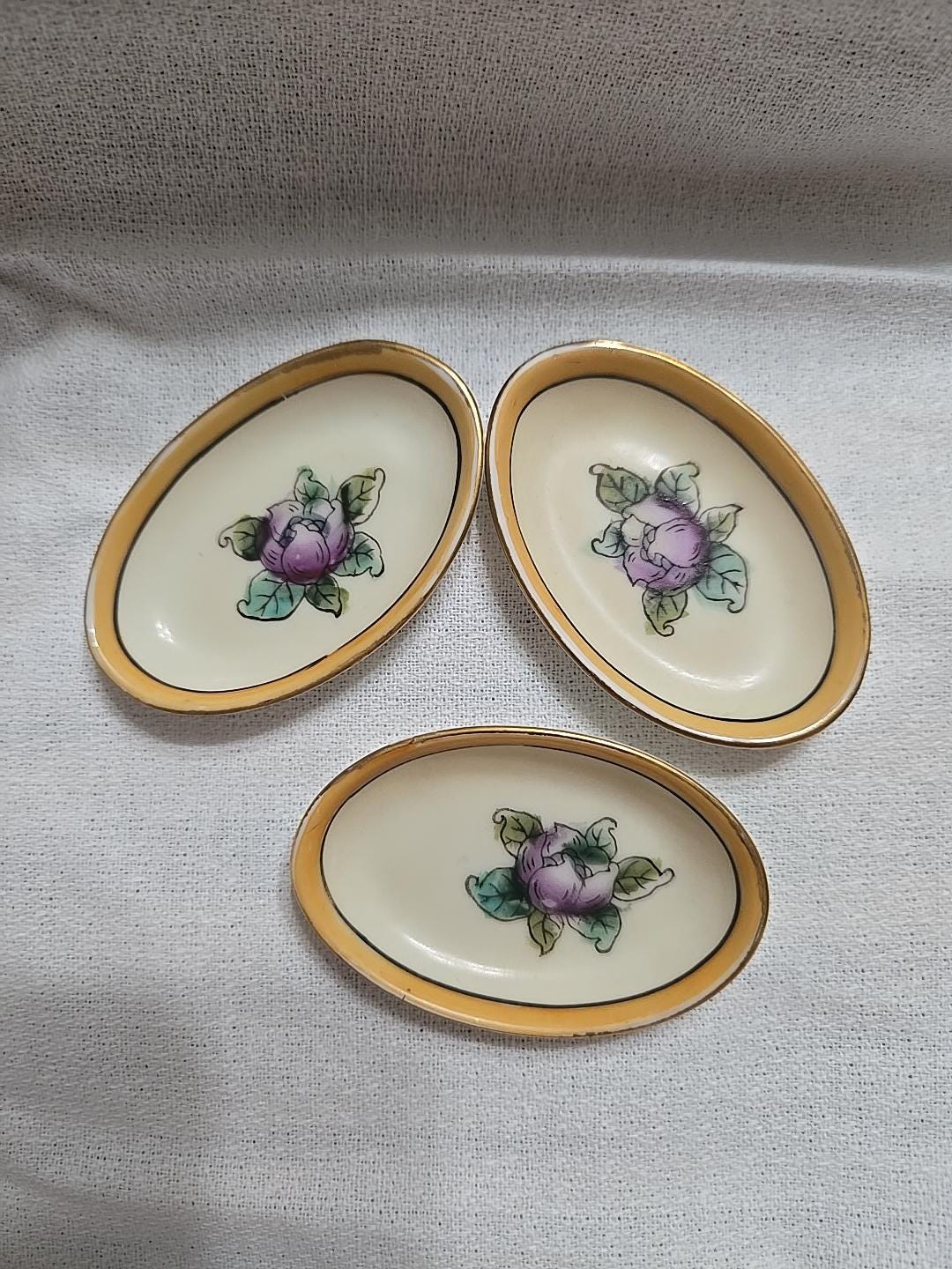 Noritake Salt Cellar Set of 3 Japan Handpainted Purple Flower Yellow ...
