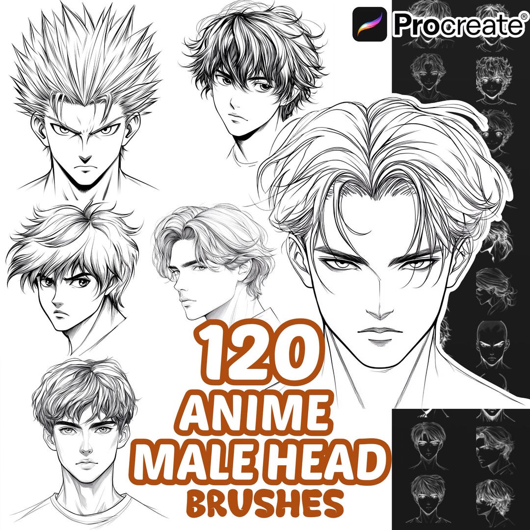 Procreate Human Brushes, 200 Male Anime Head Procreate Brushes, Boys ...