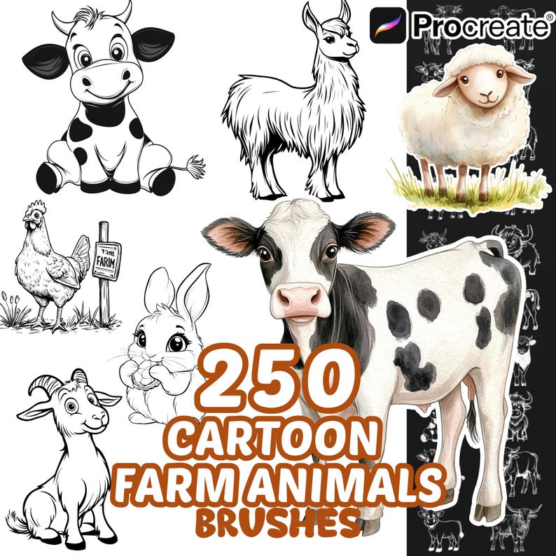 Procreate Farm Animals Brushes, 250 Cartoon Farm Animals Procreate ...