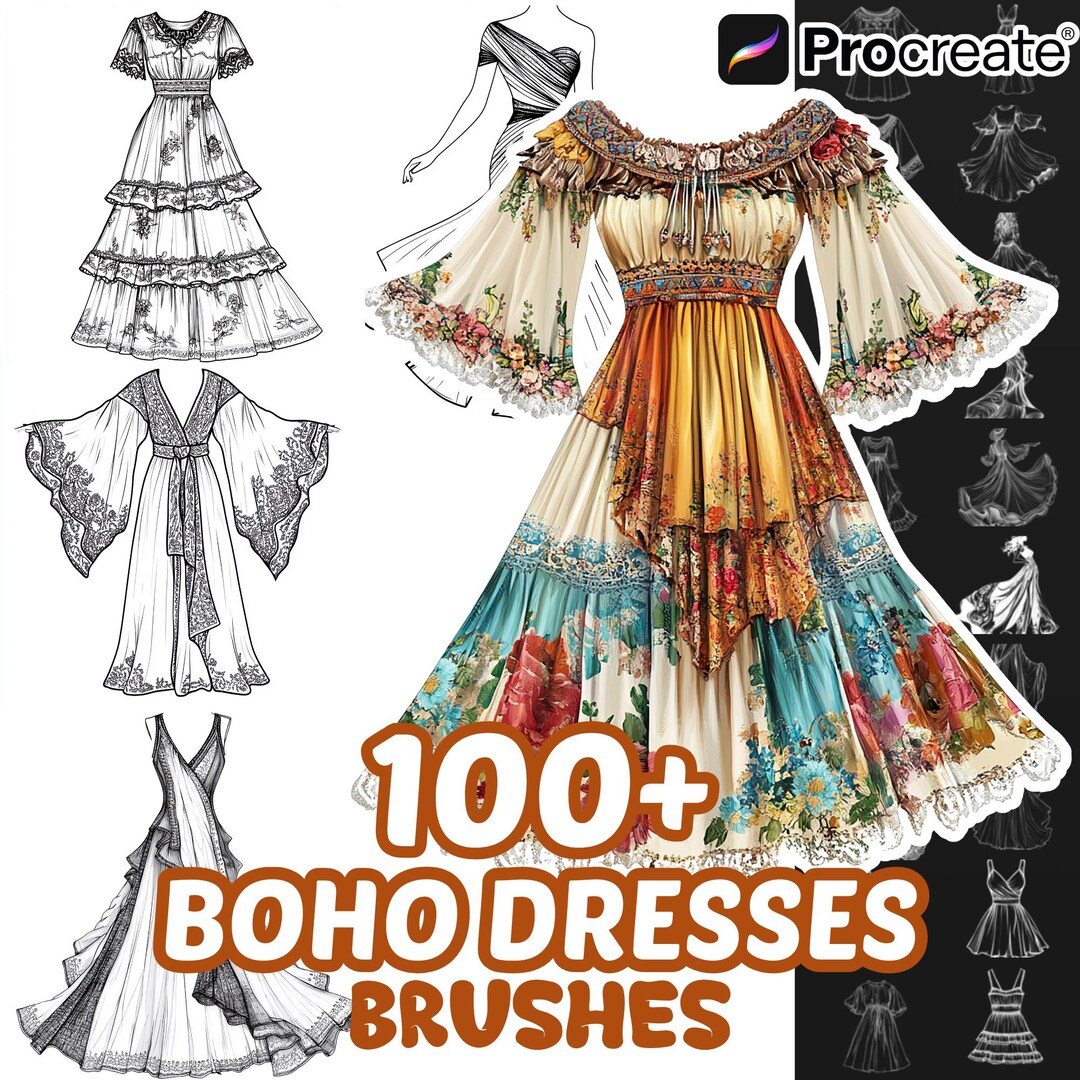 Procreate Boho Dresses Brushes, 100+ Boho Dresses Procreate Stamps ...
