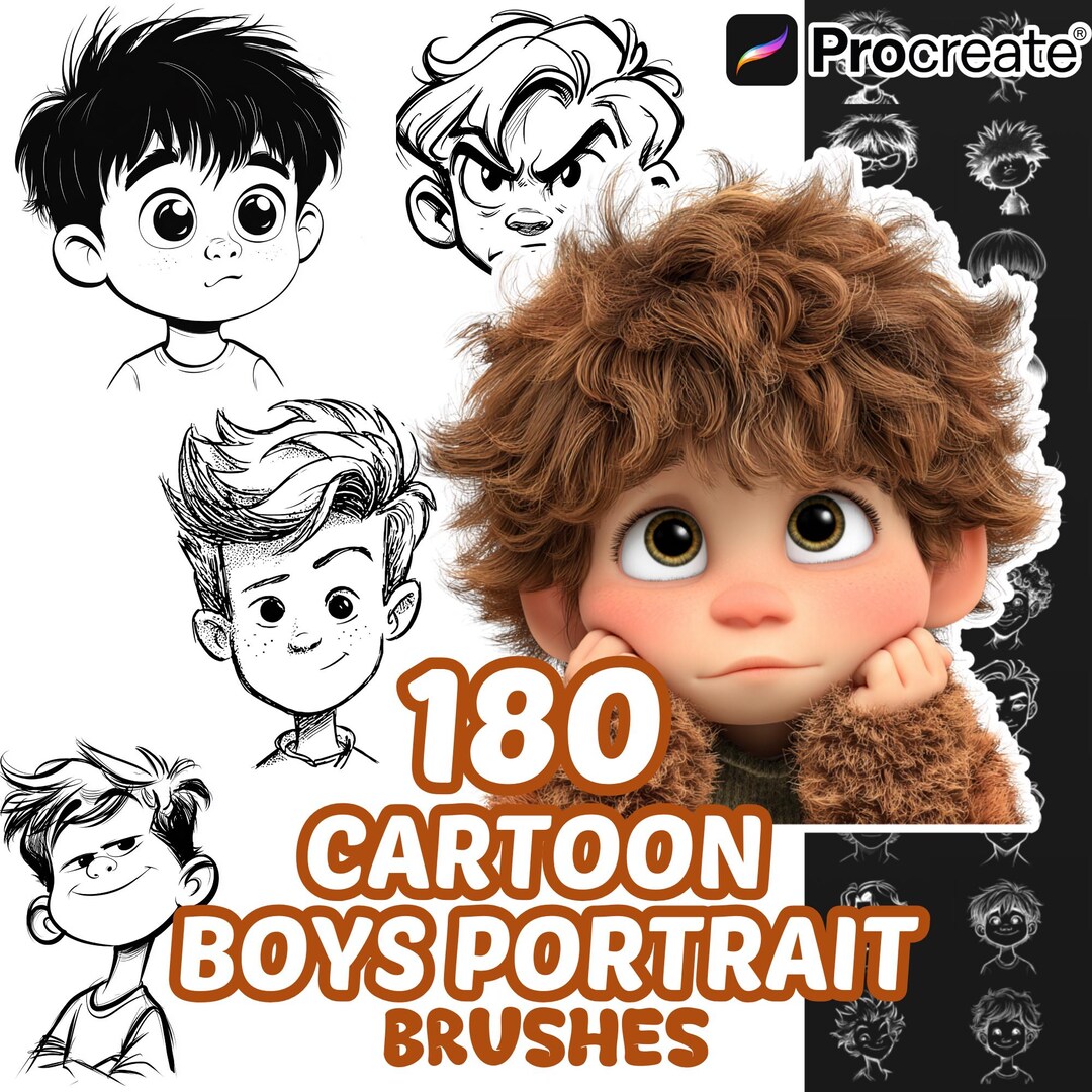 Procreate Human Brushes, 180 Cartoon Boys Portraits Procreate Stamps ...