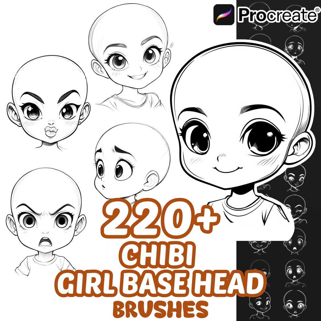 Procreate Human Brushes, 220+ Chibi Female Base Head Procreate Brushes ...