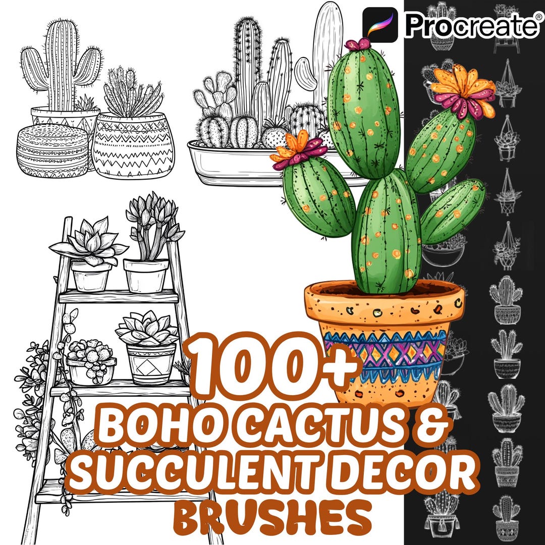 Procreate Boho Cactus and Succulent Decor Brushes, 100+ Boho Plants ...