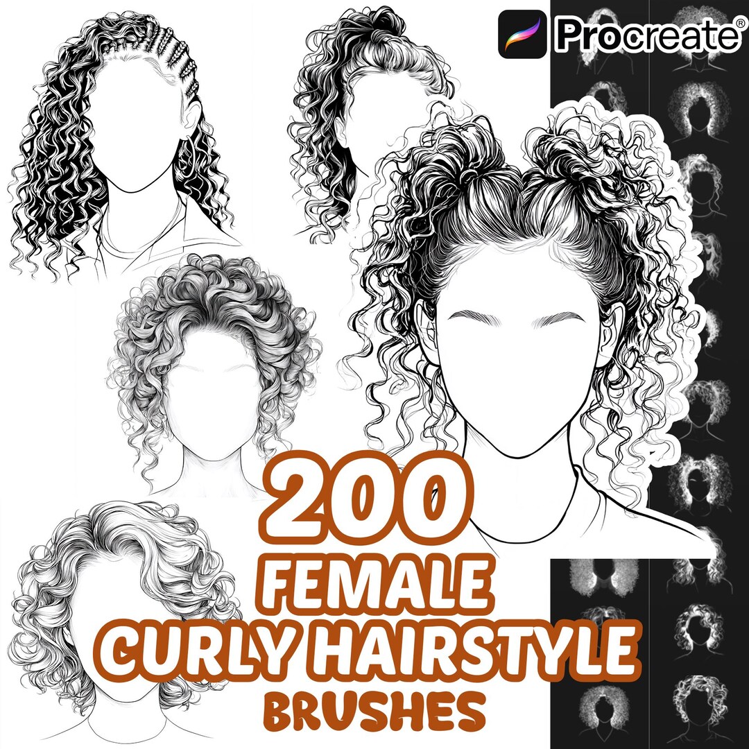 Procreate Human Brushes, 200 Female Curly Hairstyle Procreate Brushes ...