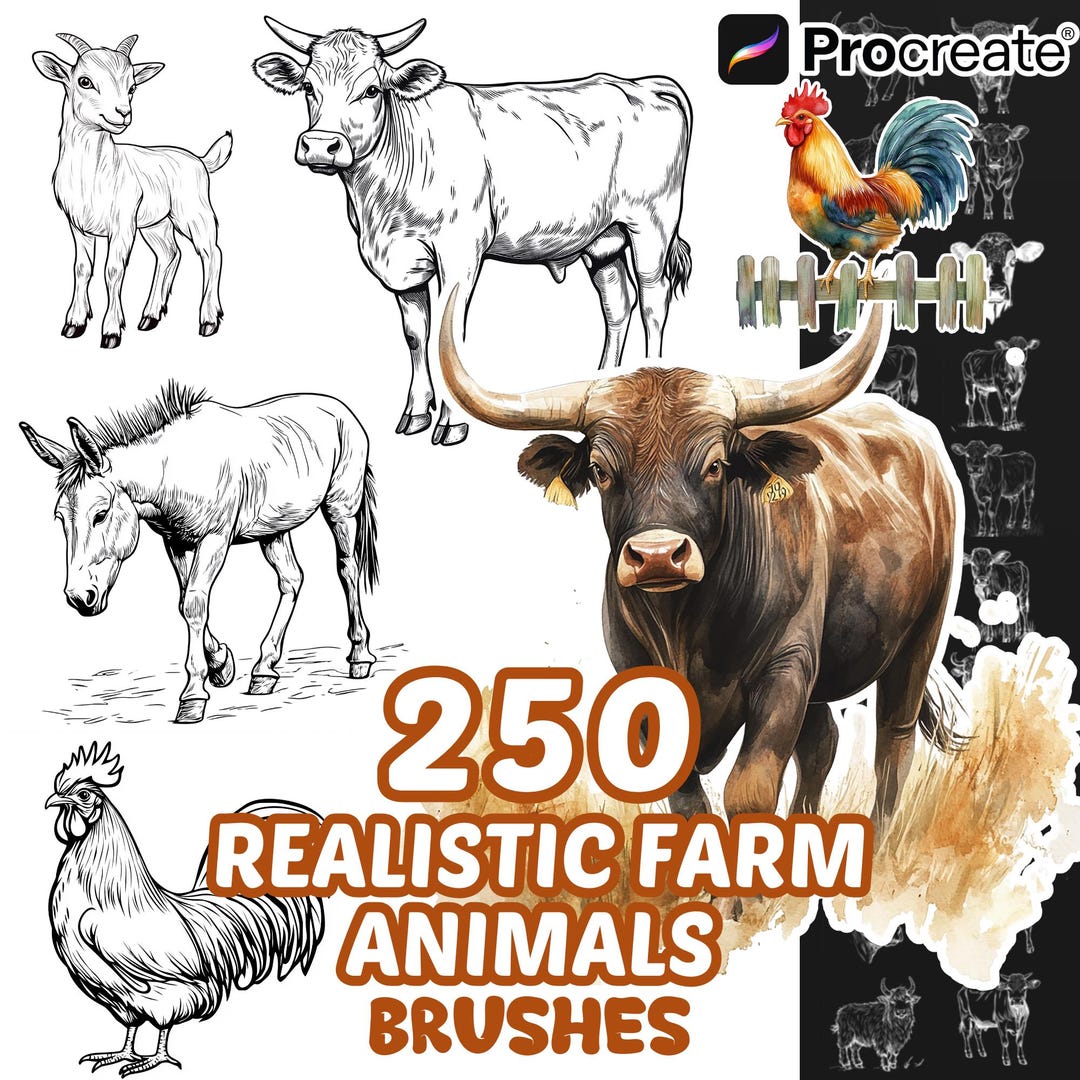 Procreate Farm Animals Brushes, 250 Realistic Farm Animals Procreate ...
