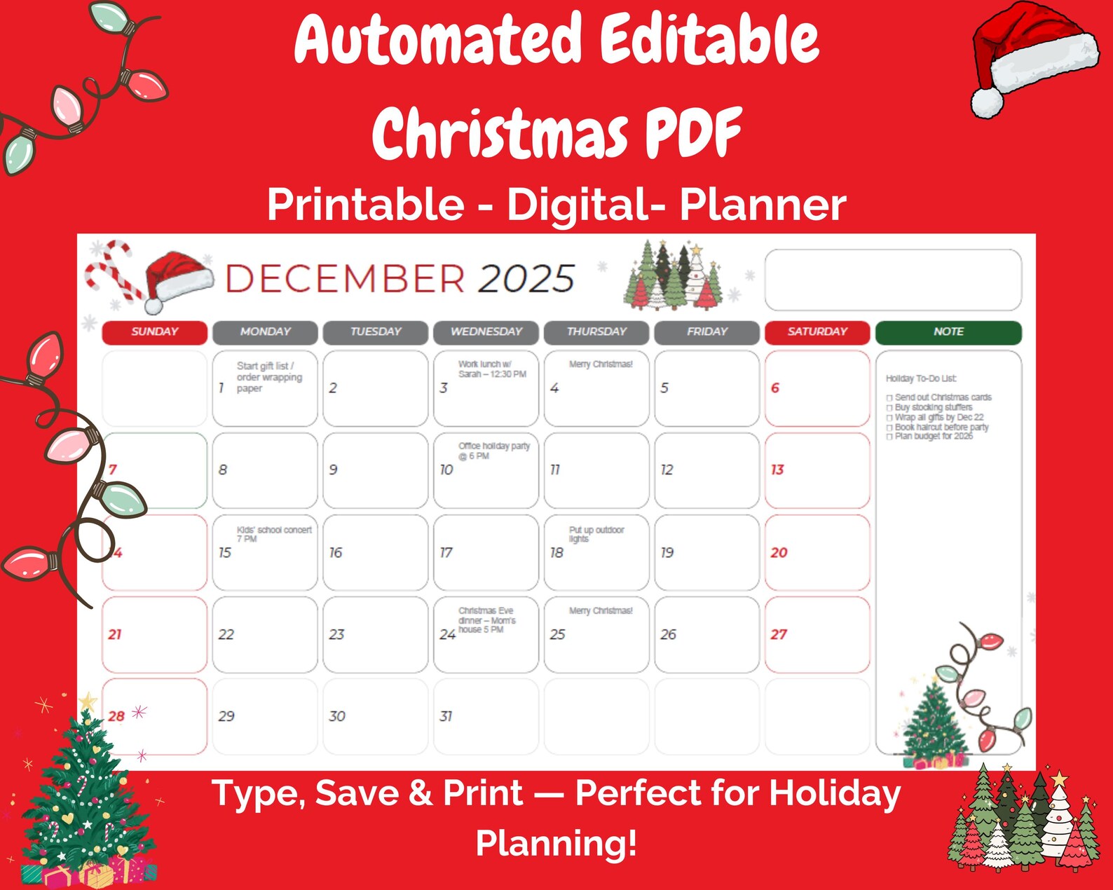 Automated Editable Christmas Calendar 2025 | Printable Holiday Planner ...