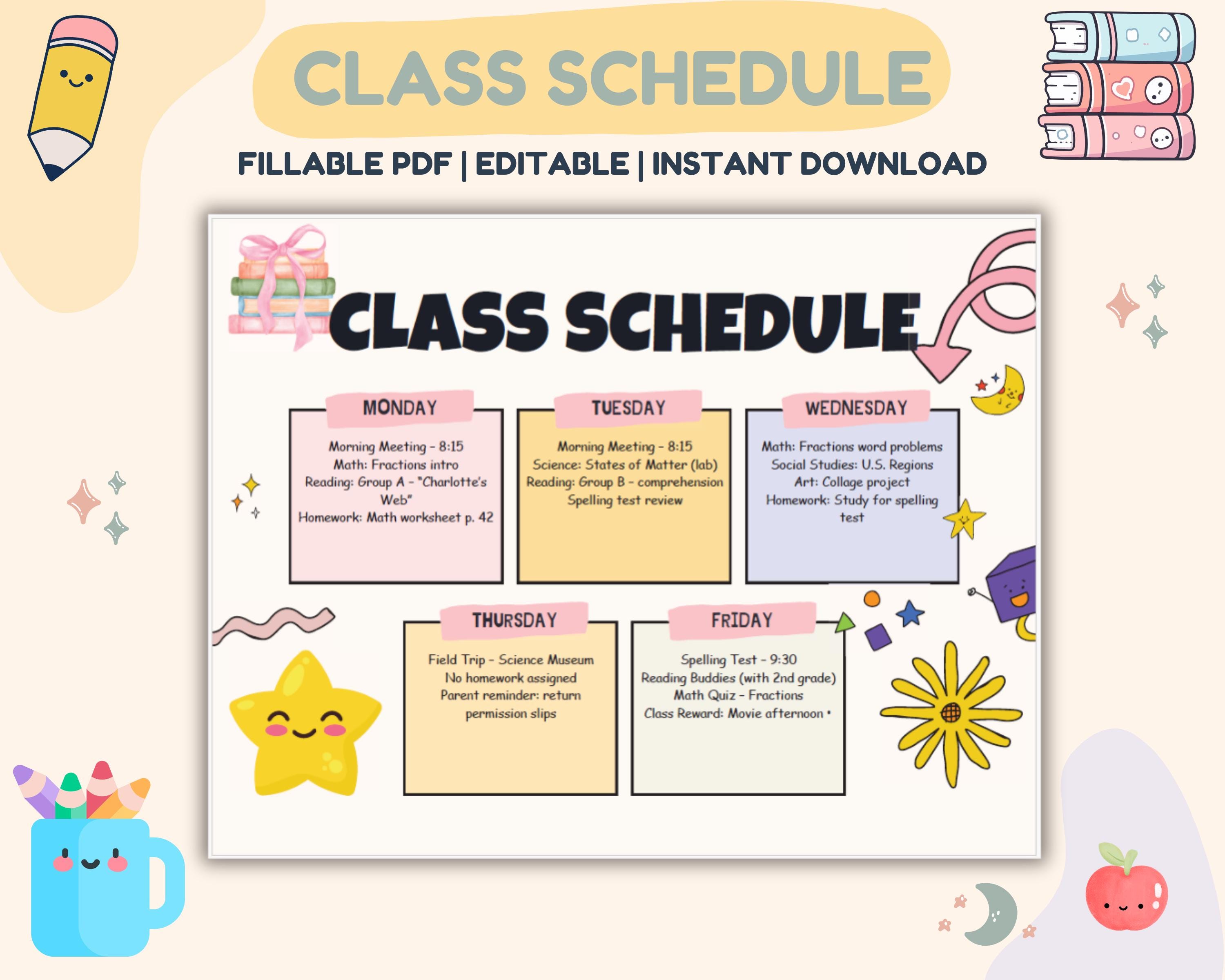 Editable Class Schedule | Fillable PDF Weekly Planner for Teachers ...