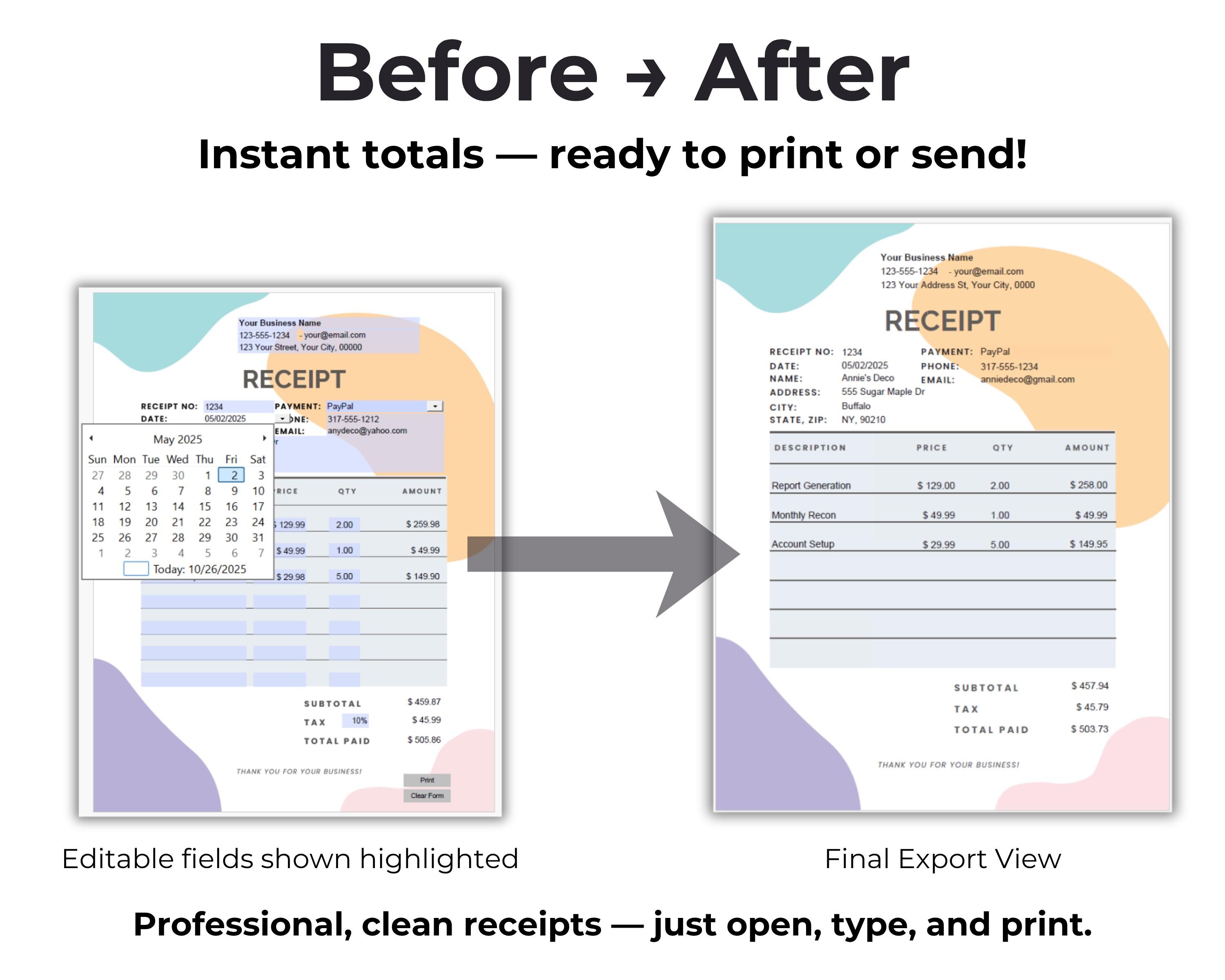 Automated Pastel Receipt Template | Fillable PDF (instant Download) - Etsy