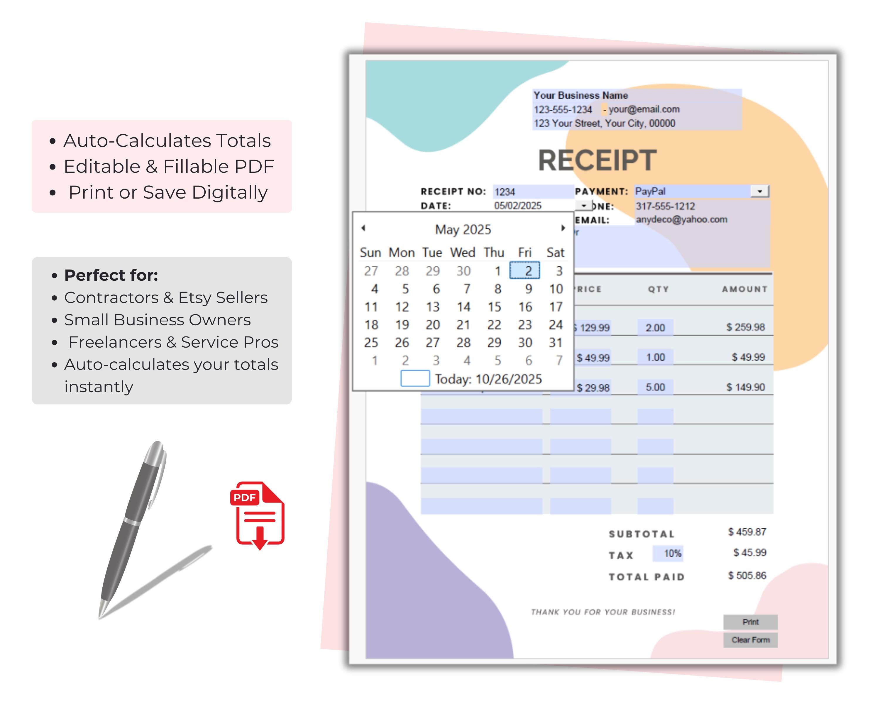 Automated Pastel Receipt Template | Fillable PDF (instant Download) - Etsy