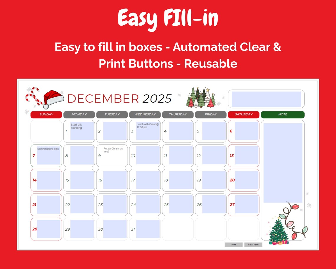 Automated Editable Christmas Calendar 2025 | Printable Holiday Planner ...