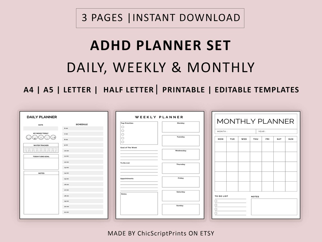 ADHD Planner Printable Set: Editable Daily, Weekly, Monthly (digital ...