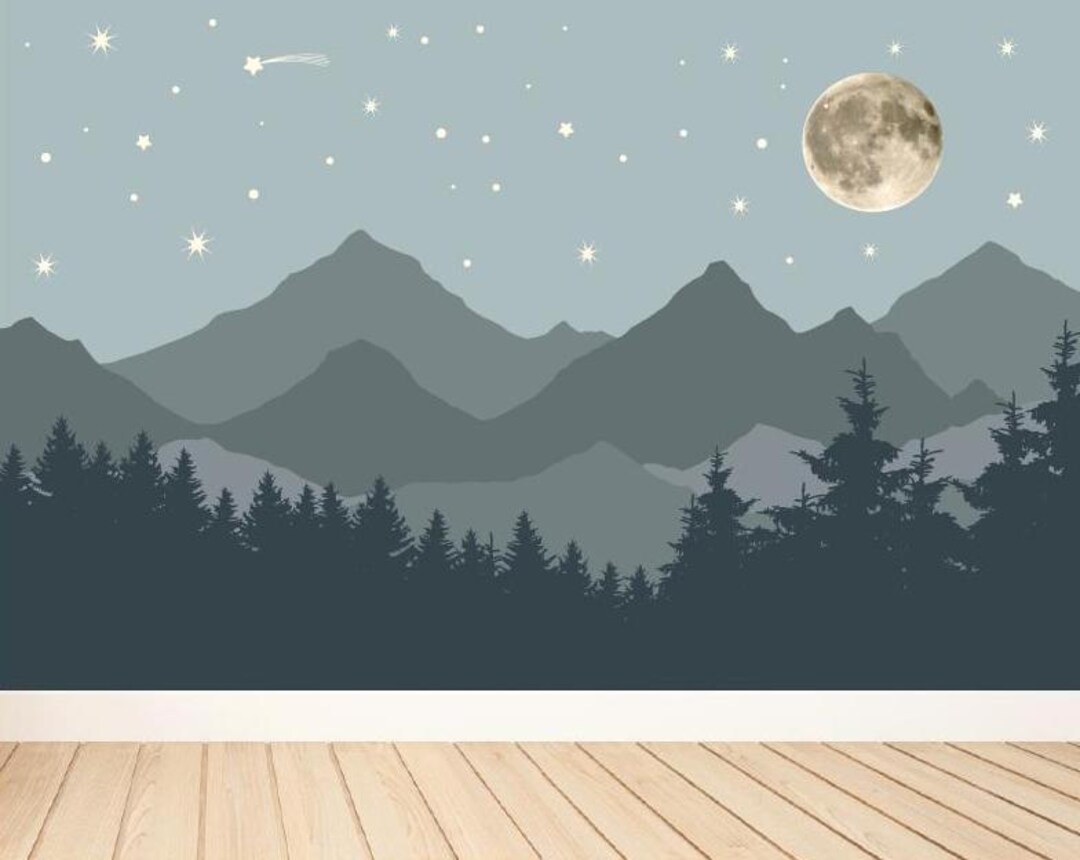 Mountain Wall Decal Mural With Stars and Moon / Nursery Wall Decals ...
