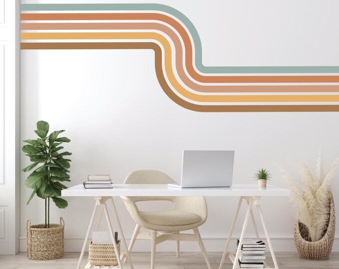 Wavy Retro Stipe Wall Decal - Colorful Rainbow Wall Art Sticker - Retro ...