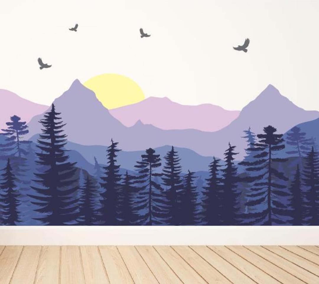 Ombre Mountains Mural Removable Wall Decals Tree Forest Wall Mural ...