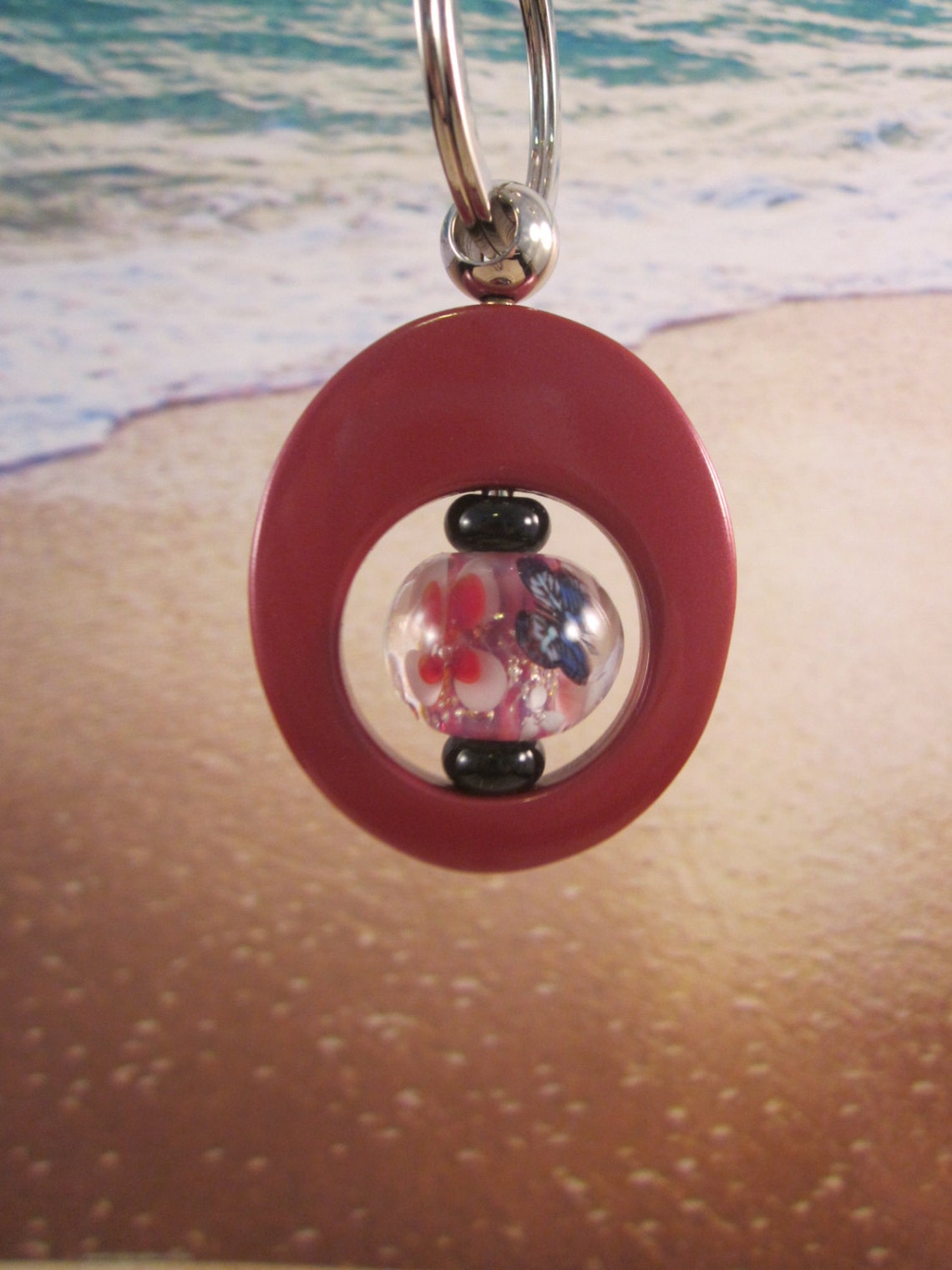 Key Ring Dark Red Enameled Metal Beaded Artisan Lampwork - Etsy