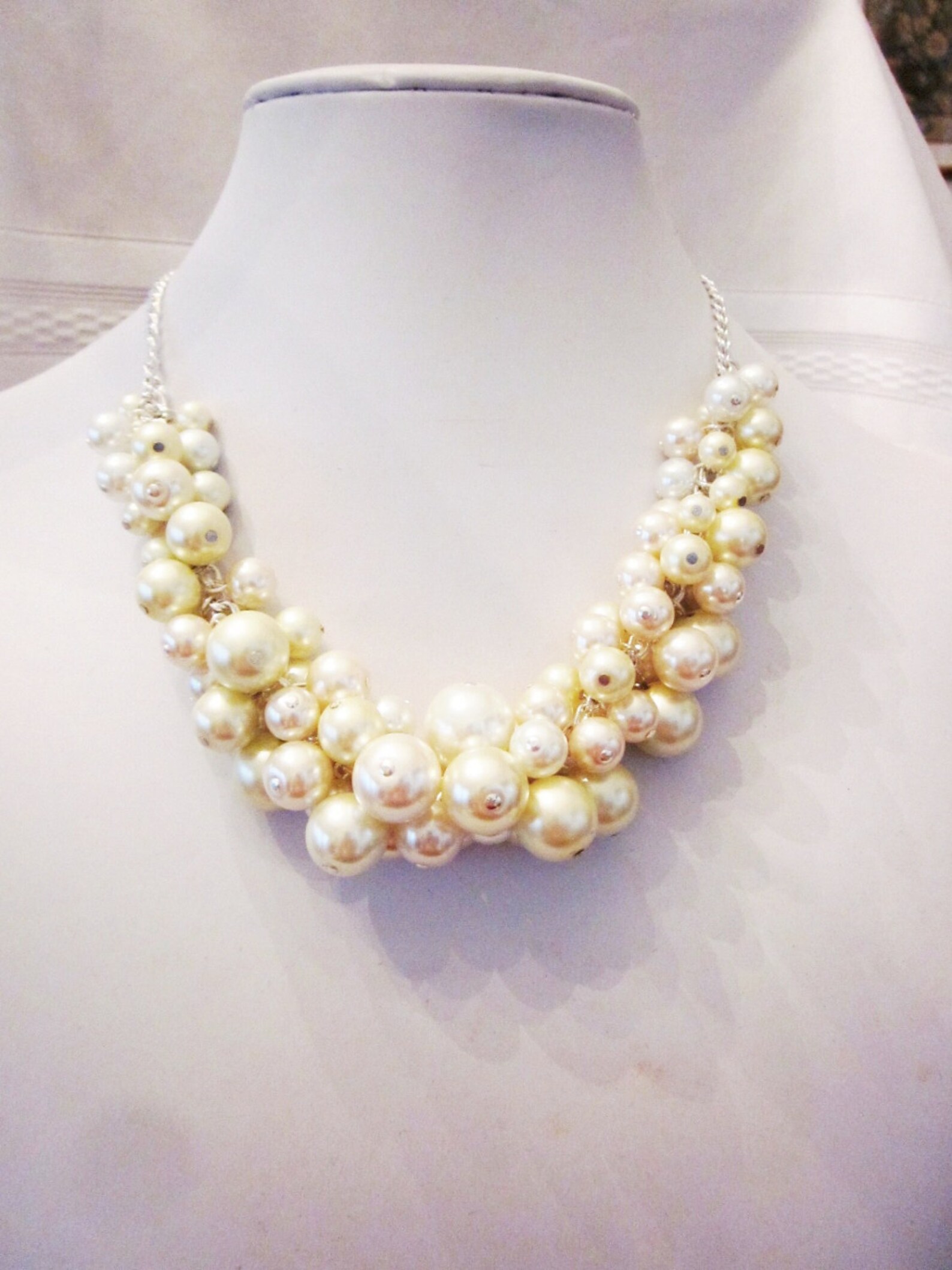 Shades Of Light Pearl Cluster Necklace In White Cream And Ivory Chunky