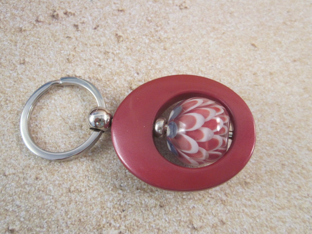 Key Ring, Dark Red Enameled Metal, Lotus Blossom Beaded, Artisan ...