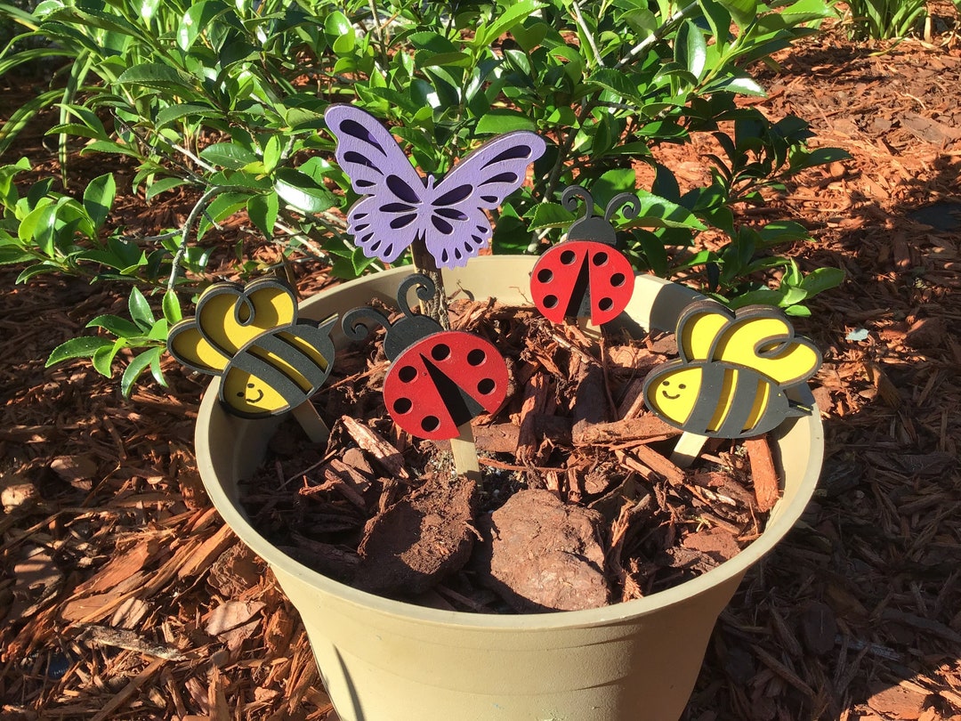 Wood Garden Bugs, SET OF 3, Ladybug, Bumblebee, Butterfly, Flower Poke ...