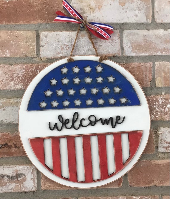 Patriotic Welcome Sign Custom Round Wood Sign Wall Decor - Etsy